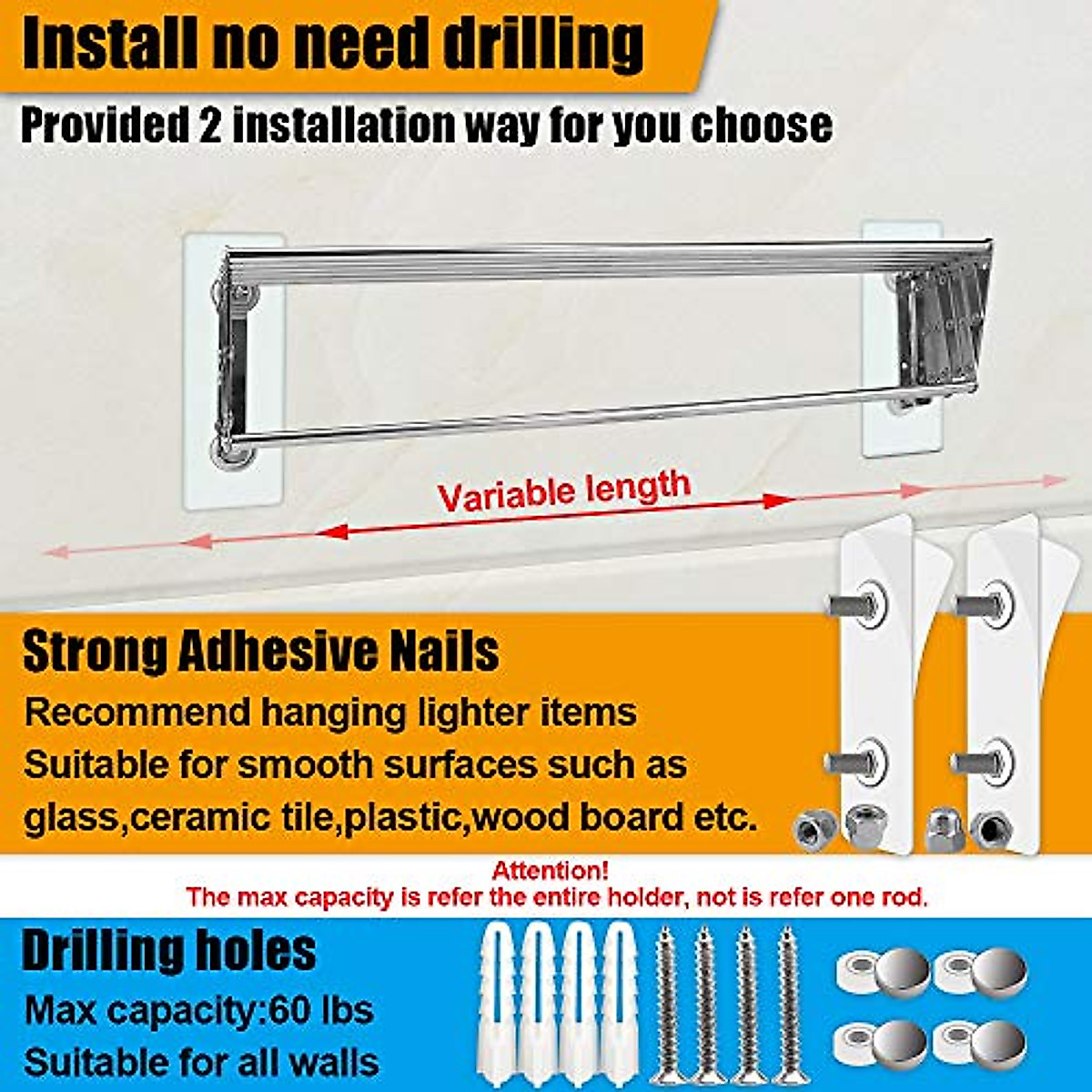 Accordion Wall Mounted Drying Rack Stainless Steel Clothes Retractable Folding Accordian Wall Hanger Hanging Towel Holder 61lb Capacity for Laundry Bathroom