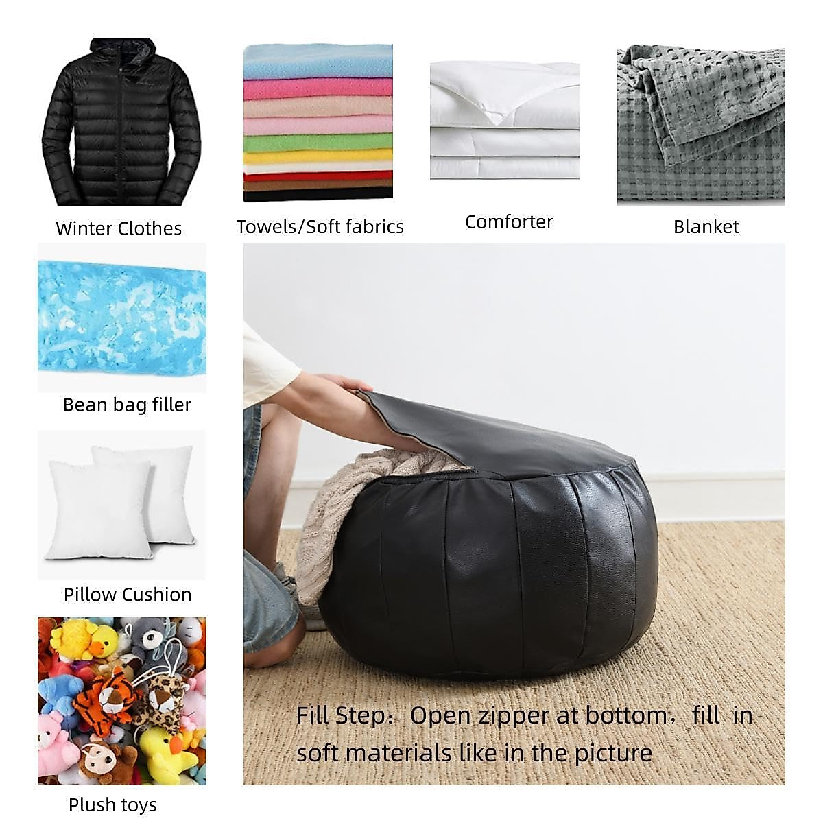 C COMFORTLAND Unstuffed Faux Leather Ottoman Pouf, Round Foot Rest Poof Ottomans, Floor Foot Stool Poufs, Bean Bag Cover with Storage for Living Room, Bedroom, Brown Black (No Filler)