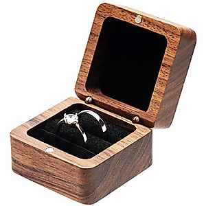 COSISO Square Solid Wood Double Ring Box Case for Wedding Ceremony Engagement Proposal,Wooden Ring Holder for 2 Rings (Black Inner)