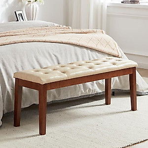 MILCIL Ottoman Bench Upholstered Padded Seat with Solid Wood Legs and Button-Tufted, Faux Leather Ivory