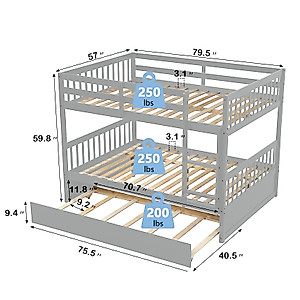 Unovivy Full Over Full Bunk Bed with Trundle, Bunk Beds Convertible to 2 Platform Full Size Bed Frame with Guardrails and Ladder, Suitable for Kids, Teens, Adults, No Box Spring Needed, Grey