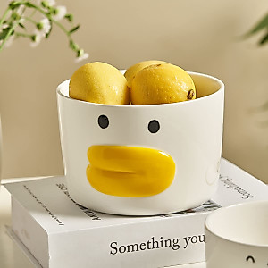 AKVAELFO Funny Anime Duck Large Salad Bowl Safe Ceramic Hand Glazed For Big Soup Bowls, Fruit, Ramen 40oz Porcelain Noodle Mixing Bowl 5.8" Cute Bowls,Ideal Housewarming Gift.