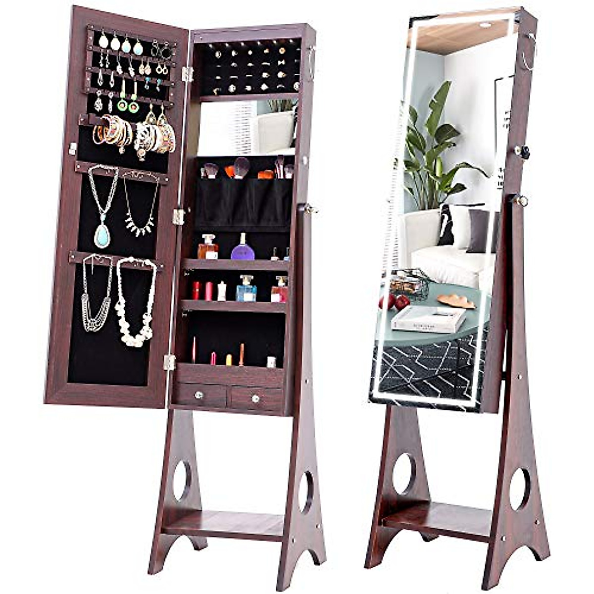Knocbel LED Jewelry Cabinet Full Body Mirror Lockable Jewelry Armoire Standing Angel Adjustable Storage Organizer Box with Inner Mirror & 2 Drawers, 15.75" L x 14.96" W x 61.42" H (Brown)