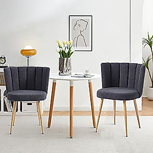 MIDLADE Grey Teddy Sherpa Upholstered Dining Chair Set of 4 Mid-Century Modern Accent Comfy Fluffy Side Chair with Comfortable Backrest for Living Room Bedroom Kitchen Makeup Vanity Chair