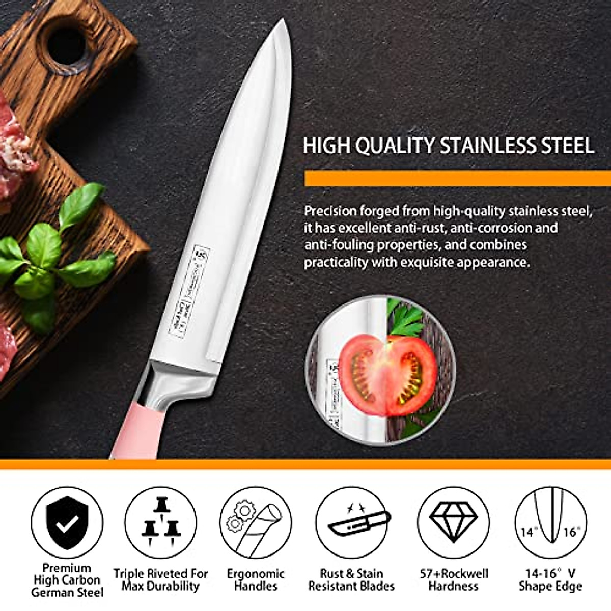 Kitchen Knife Set, Retrosohoo 9-Pieces Pink Sharp Non-Stick Coated Chef Knives Block Set ,Stainless Steel Knife Set for Kitchen with Sharpener for Cutting Slicing Dicing Chopping (Pink)