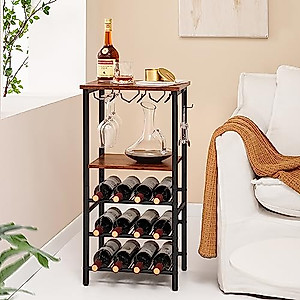 Yoobure Wine Rack Freestanding Floor with Glass Holder Wine Racks for Floor 12 Bottles Wine Bar Rack, Wine Holder Stand with Wood Tabletop 3-Tier Wine Table with Rack for Home Bar Kitchen Living Room