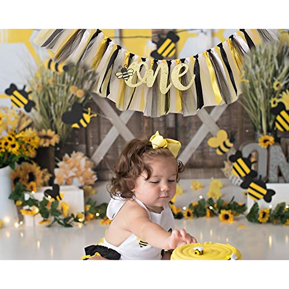 Bee Theme High Chair Banner - Baby First Birthday Party Banner - Smash Cake Photo Prop - 1st Birthday Photo Backdrop (Bee)