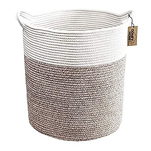 Laundry Basket 2pc by COMFY-HOMI Large Basket 18"X16" Tall Woven Cotton rope Basket with Handles Decorative Basket for Blankets Round Storage Basket for living room,Clothes,Pillows,Towels(White Brown)