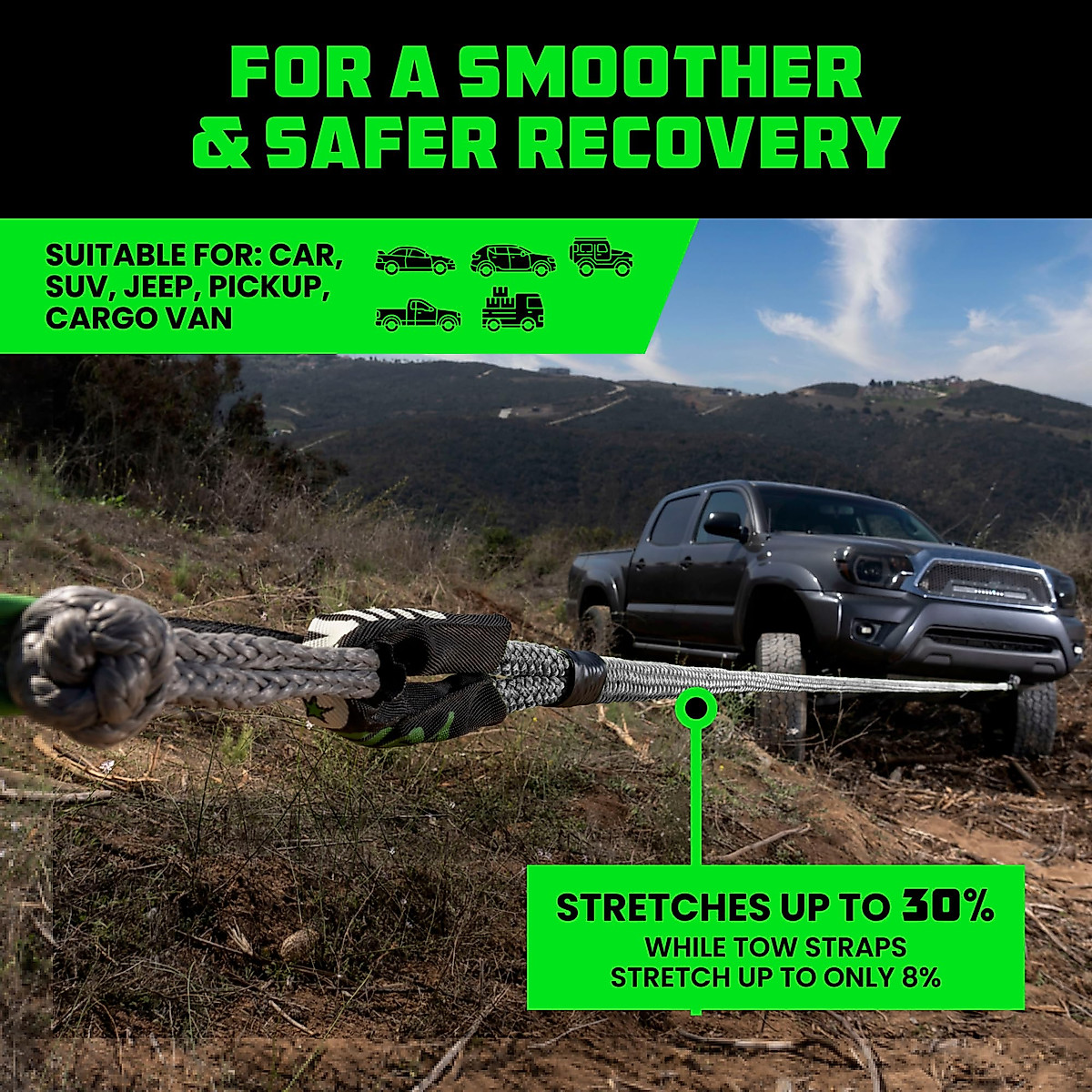 Rhino USA Kinetic Recovery Tow Rope Heavy Duty Offroad Snatch Strap for UTV, ATV, Truck, Car, Tractor - Ultimate Elastic Straps Towing Gear - Guaranteed for Life! (7/8" x 20' Gray)