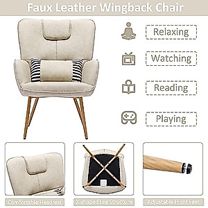 FERFALDER Upholstered Wingback Chair, Accent Chair with Ottoman, Comfy Living Room Chairs, Faux Leather Arm Chairs for Living Room, Bedroom, Office and Study, Beige