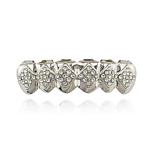 OOCC 18k Gold Plated Iced Out Grills with Diamond Hip Hop Teeth Grillz Caps Top and Bottom Set for Your Teeth (Silver)