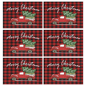 visesunny Merry Christmas Red Buffalo Plaid Truck Placemat Set of 4 Table Mat Desktop Decoration Placemats Non Slip Stain Heat Resistant 12x18 in for Dining Home Kitchen Indoor