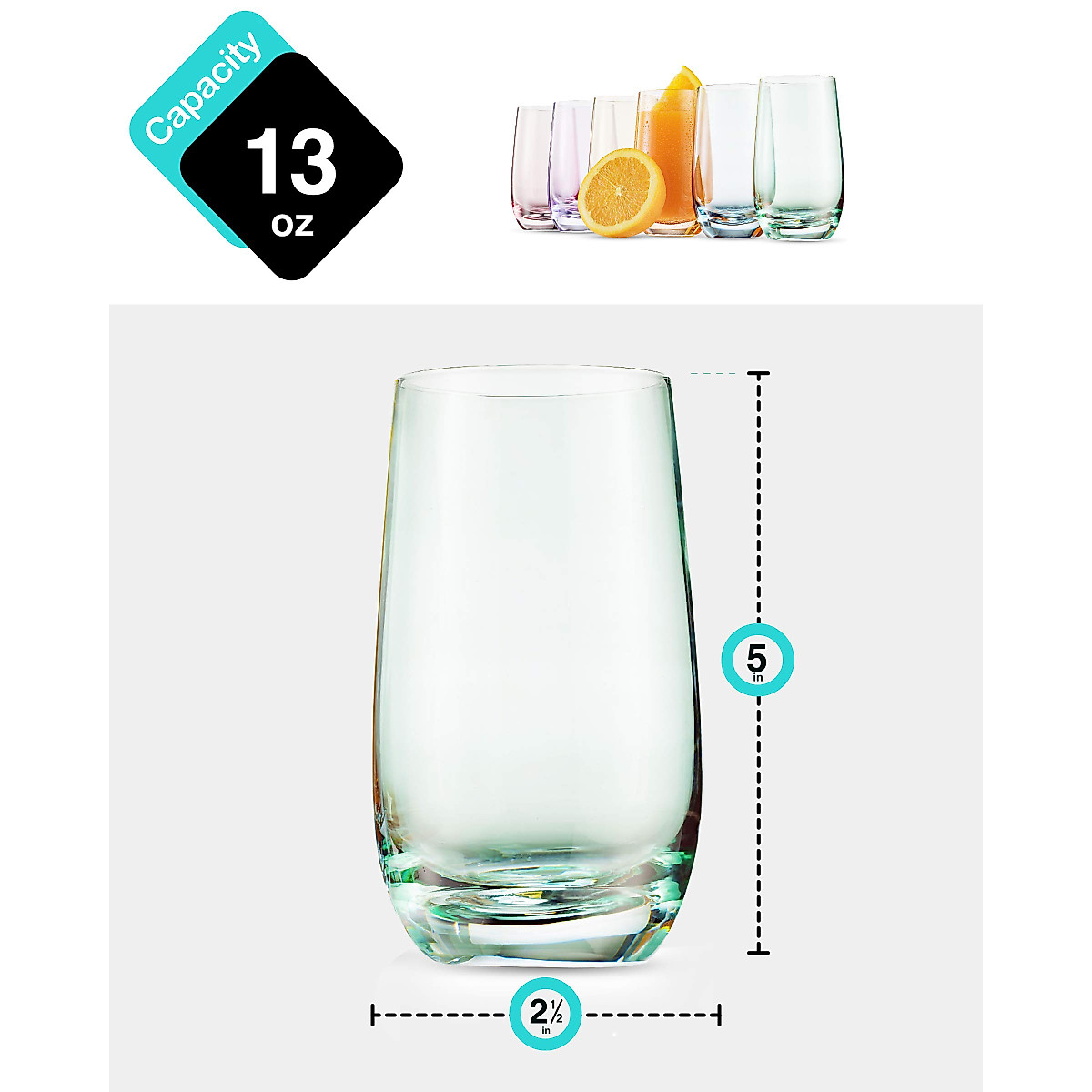 MITBAK 13- OZ Colored Highball Glasses (Set of 6) | Drinking Glasses Tumblers for Mixed Drinks, Water, Juice beer, cocktail | Glassware Set, Excellent Gift | Glass Cups Made in slovakia