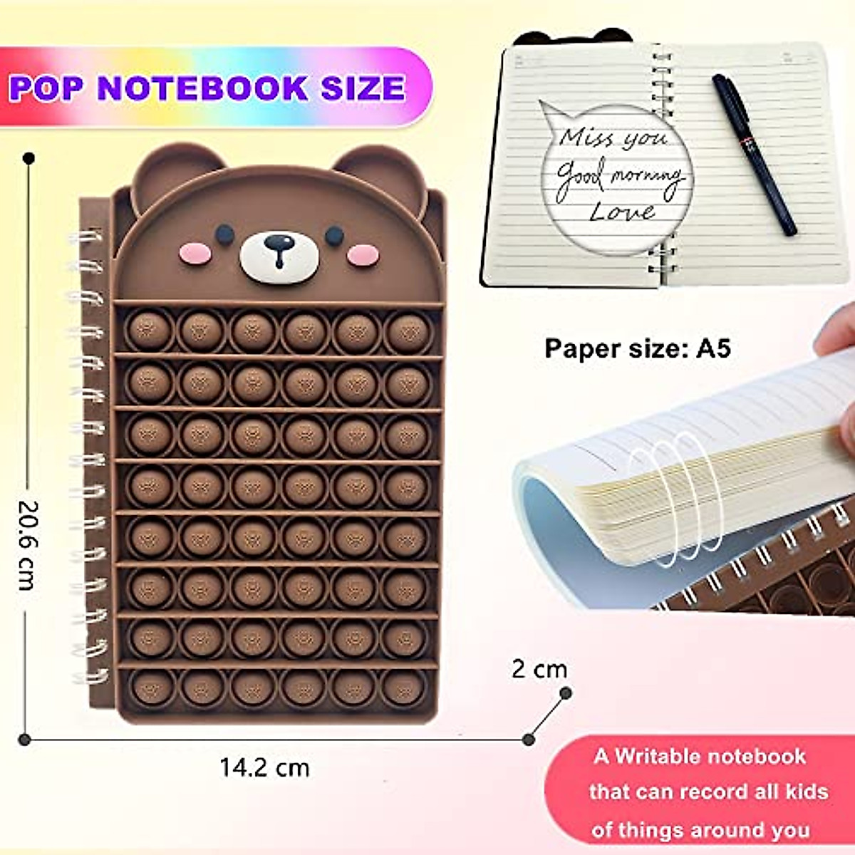 7iper Pop Notebook, Push bubble Spiral Notebooks Fidget Toys, Cute Composition Notebooks, College Ruled Notebooks, Protable for School Office Gifts (A5 Bear)