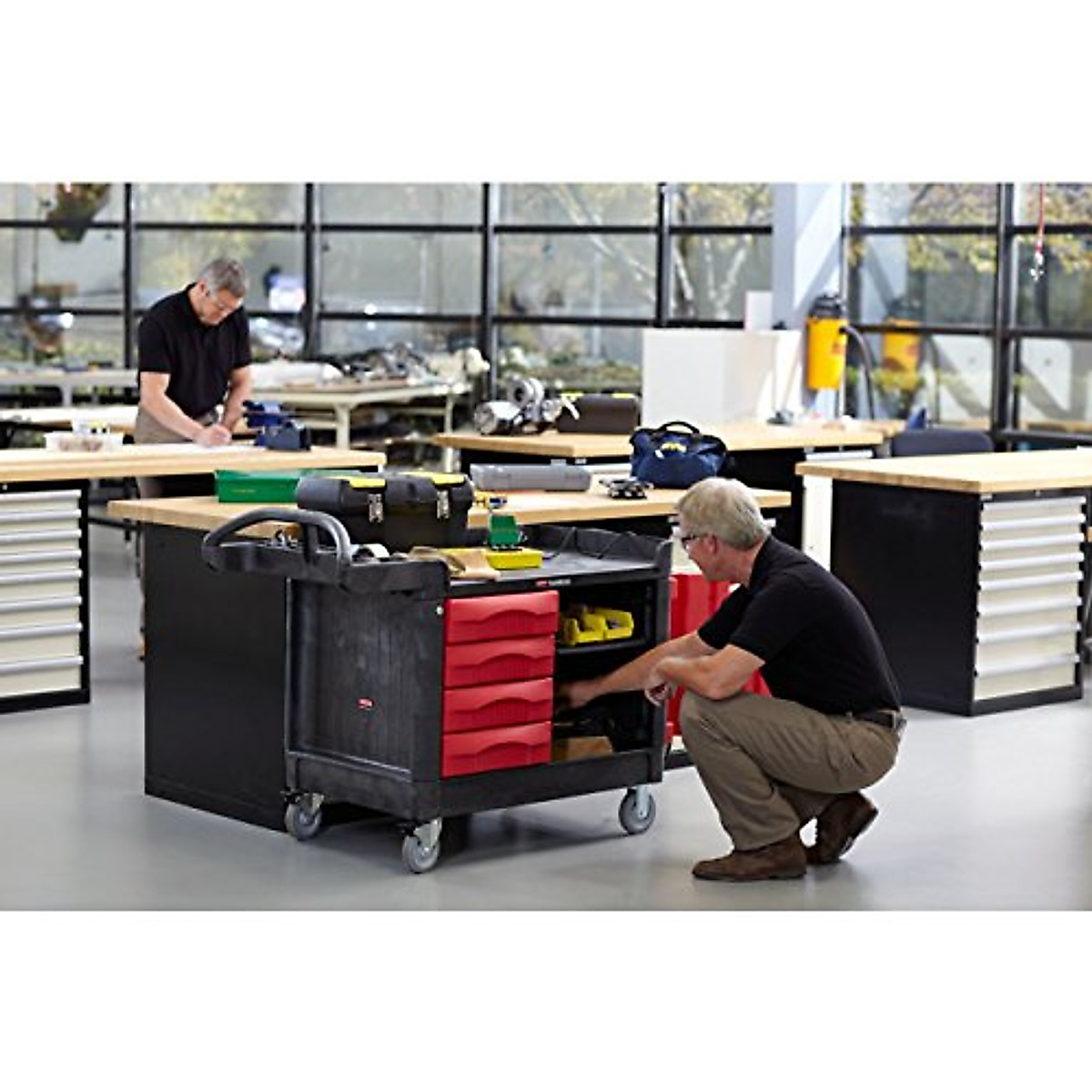 Rubbermaid Commercial Products Trademaster 4 Drawer Mobile Work Center with Cabinet, 49 inch L x 27 inch W x 28 inch H, Black/Red (FG453388BLA)