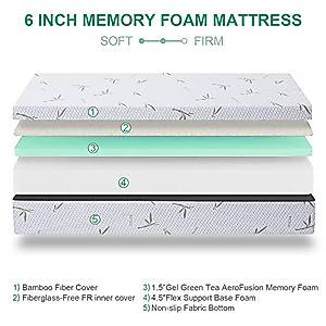 MUUEGM Twin XL Mattress 6 Inch,Green Tea Gel Memory Foam Mattress with Bamboo Cover,Mattress in a Box,Medium Feels,Breathable Bed Mattresses with CertiPUR-US Certified,USA