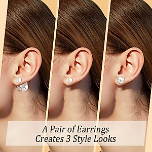 RIMGORIS Double-Sided White Pearl Hollow Zircon White Gold Plated Silver Stud Earrings for Women