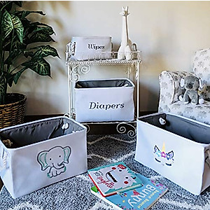 APPLE PIE ORDER Diaper holder, Storage & organizer Basket for Nursery, Baby boy or girl. White Canvas fabric Decorative Bin with Gray Embroidering.