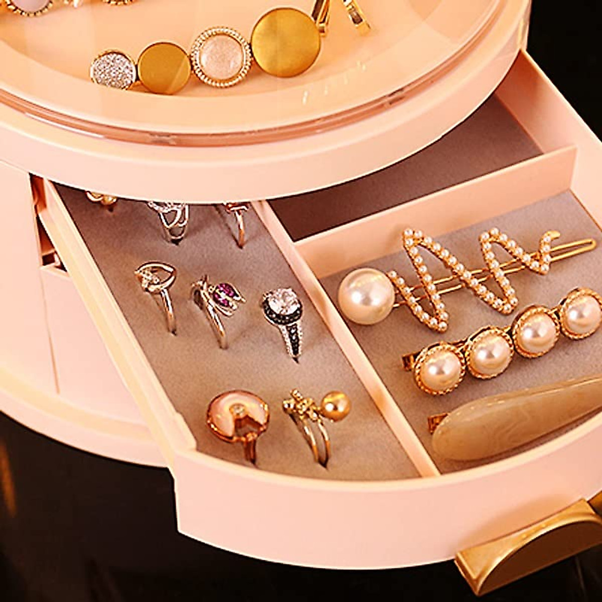 EKAYG Multilayer Jewelry Storage Box Girls Pink Led Lamp Desktop Jewelry Large Capacity 360 Degree Storage Box