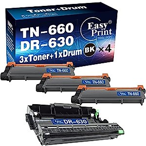 EASYPRINT (4-Pack Combo) Compatible 3-Pack TN-660 TN660 Toner Cartridge + 1-Pack DR-630 DR630 Drum Unit Used for Brother HL-L2340DW L2380DW L2340DWR DCP-L2500D L2540DNR MFC-L2720DW L2700DW Printer