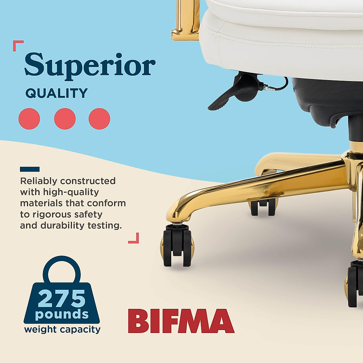 La-Z-Boy® Opus Executive Mid-Back Office Chair, Channel-Tufted Seat and Back, Double-Layer Cushion, Padded Arms, Ergonomic Computer Desk Chair, Swivel Metal Base, Bonded Leather, White and Gold