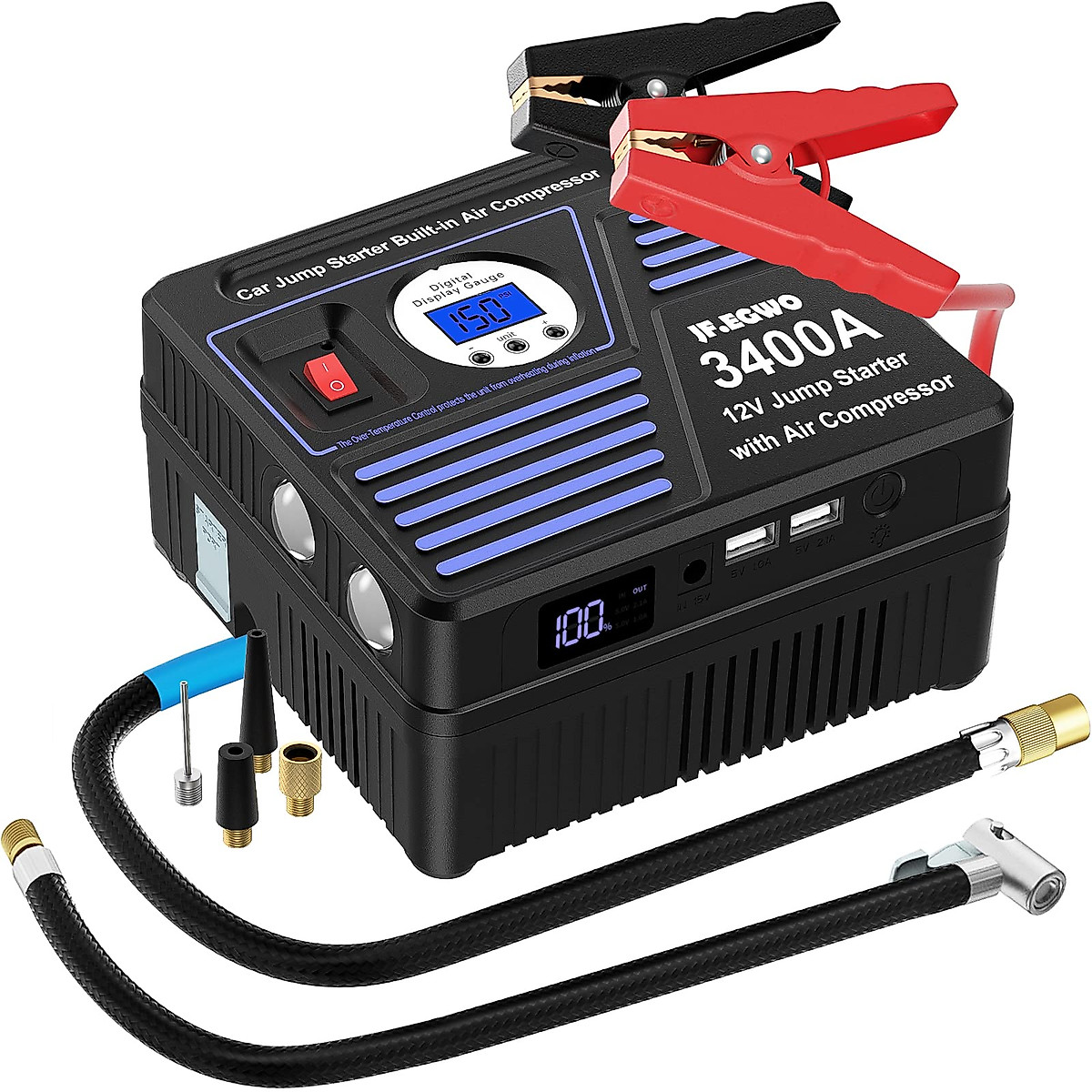 3400A Car Jump Starter with Air Compressor, 150PSI Tire Inflator with Digital Screen Pressure Gauge, 24000mAh 12V Auto Battery Booster (10.0L Gas/ 9.0LDiesel Engine), 2 USB Port 2 Light