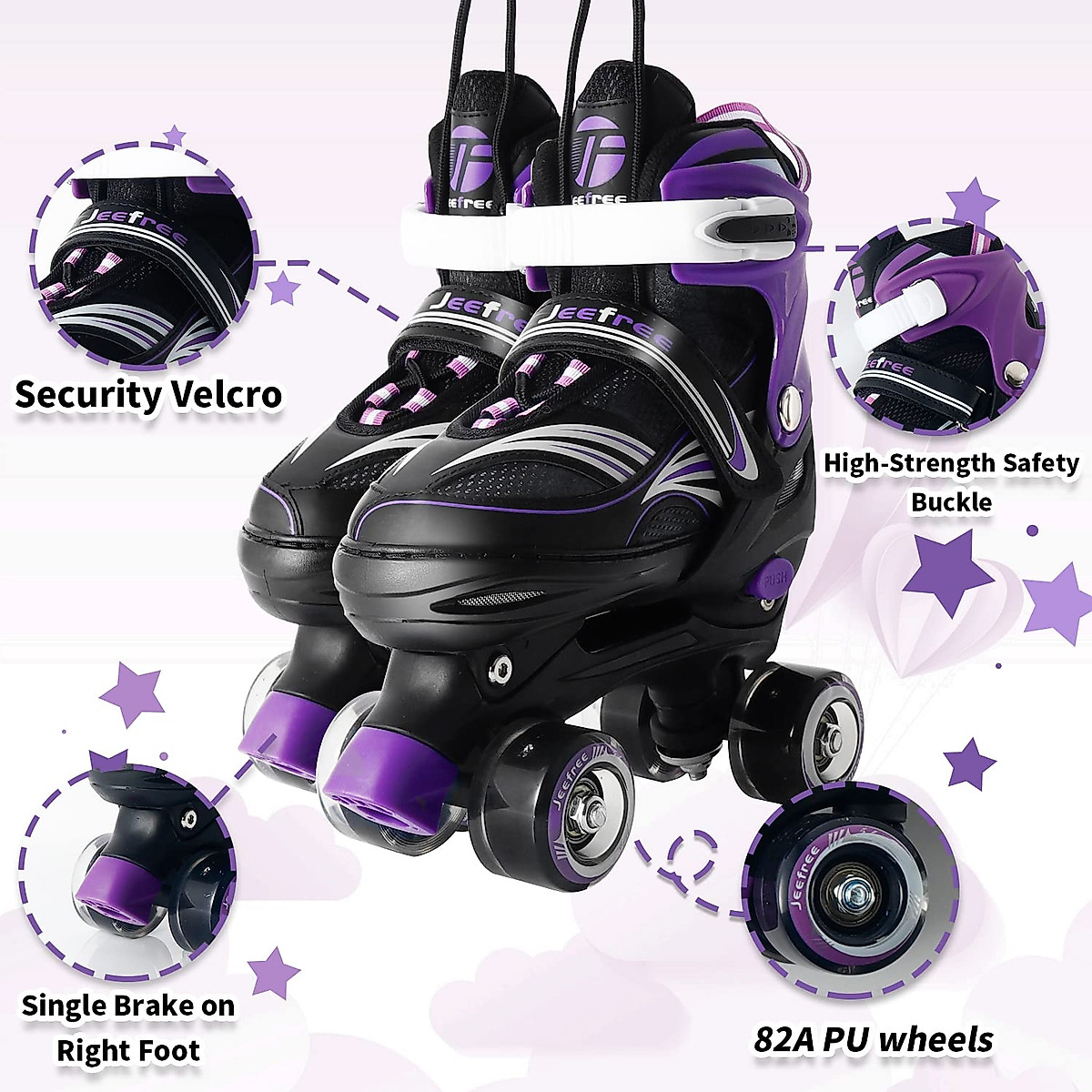 JeeFree Kids Roller Skates,Adjustable Roller Skates for Girls and Boys,Girls Roller Skates with Light up Wheels,Outdoor Quad Roller Skates for Girls (Size S: 10C-13C, Size M: 13C-3Y)