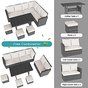 IDEALHOUSE 7 Pieces Outdoor Dining Set,Patio Sectional Sofa Conversation Set All Weather Wicker Rattan Couch Dining Table & Chair with Ottoman Beige