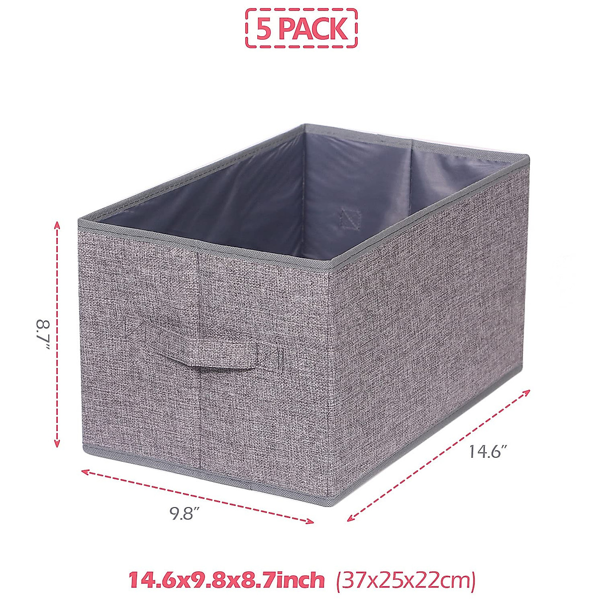 TENABORT 5 Pack Large Foldable Closet Storage Bins with Handle, Fabric Storage Organizer Cube Colth Containers Linen Box Shelf Baskets for Clothes Clothing Shelves Wardrobe Home Office