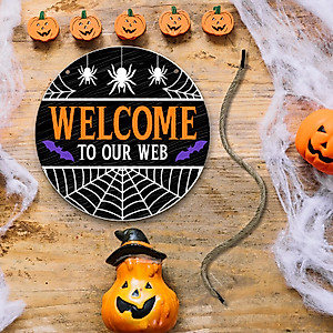 Halloween Hanging Door Wall Decor Wooden Plaque, Welcome To Our Web Sign, Spider Web Pattern, 8 Inch Round Halloween House Decor Hanging Sign, Outdoor Halloween Theme Party Decor Supplies -04