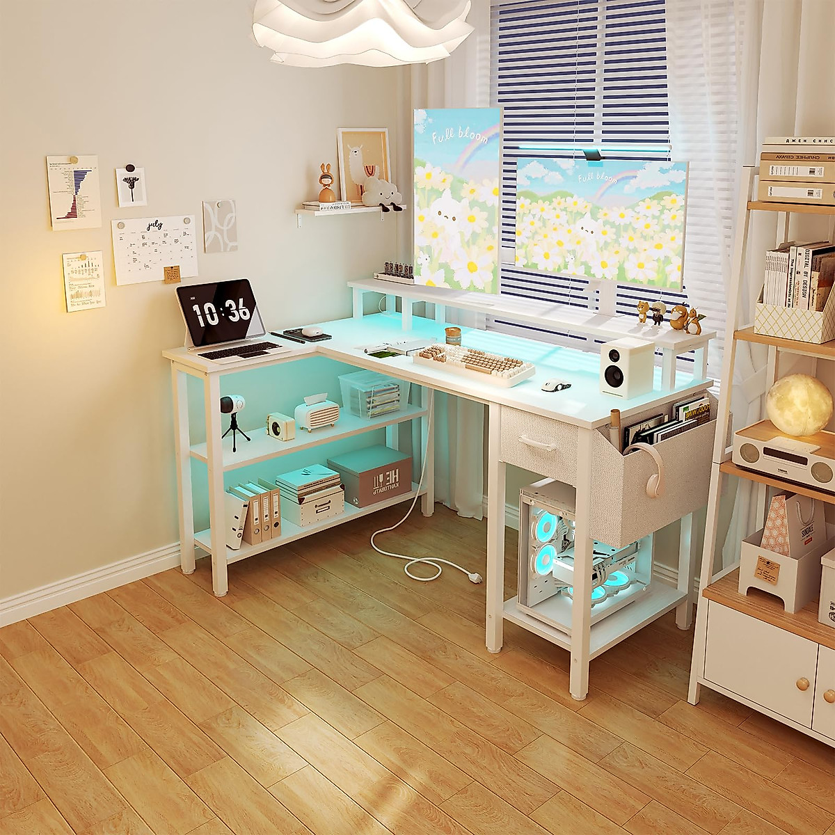 Lufeiya White L Shaped Gaming Desk with Fabric Drawers and Storage Shelves, 47 inch Home Office Desk with Monitor Stand, Computer Desk with LED Lights and Power Outlets, White