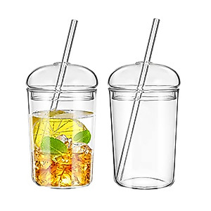 UPKOCH 2 Pcs Glass Cups with Lids and Straws Coffee Tumblers Heat Resistant Milk Cup Clear Drinking Glasses for Bubble Tea Smoothie Coke Soda Home Office Bar