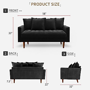 SILKIR Mid-Century Modern Small Spaces Comfy Velvet Living Room,Office,and Apartment,Loveseat Couch Sofas, 58 & 70 Inch, Black