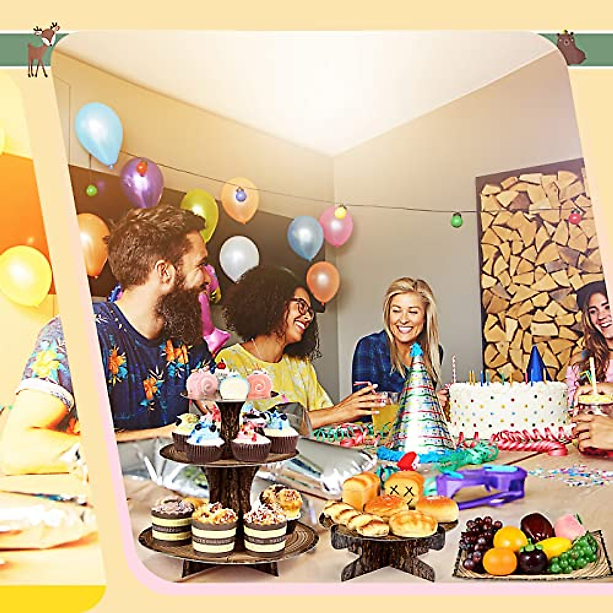 Sawysine 7 Pieces Woodland Cupcake Stand Set Includes 2 Wood Grain 3 Tier Cardboard 1 Rustic Dessert 4 Rectangle Serving Tray for Halloween Baby Shower Birthday (Rustic Style)