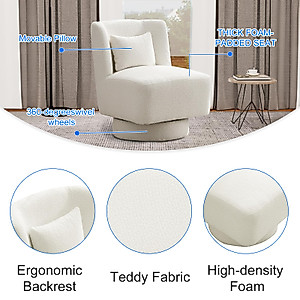 HANLIVES Swivel Barrel Chair|360 Degree Comfy Teddy Fabric Round Swivel Accent Chair with Pillow|Square Swivel Boucle Single Club Sofa Chair for Living Room,Hotel,Bedroom,Office,Lounge(White)
