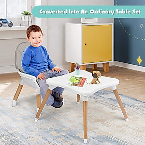 HONEY JOY Baby High Chair, 5-in-1 Convertible Wooden Highchair for Babies and Toddlers/Table and Chair Set/Booster Seat/Toddler Chair with Safety Harness, 4-Position Removable Feeding Tray (Gray)