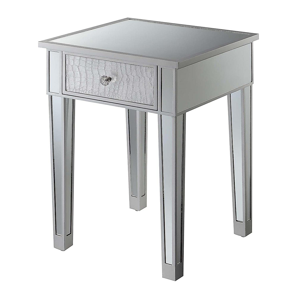 Convenience Concepts Gold Coast Mirrored End Table with Drawer, Silver / Silver Faux Croc
