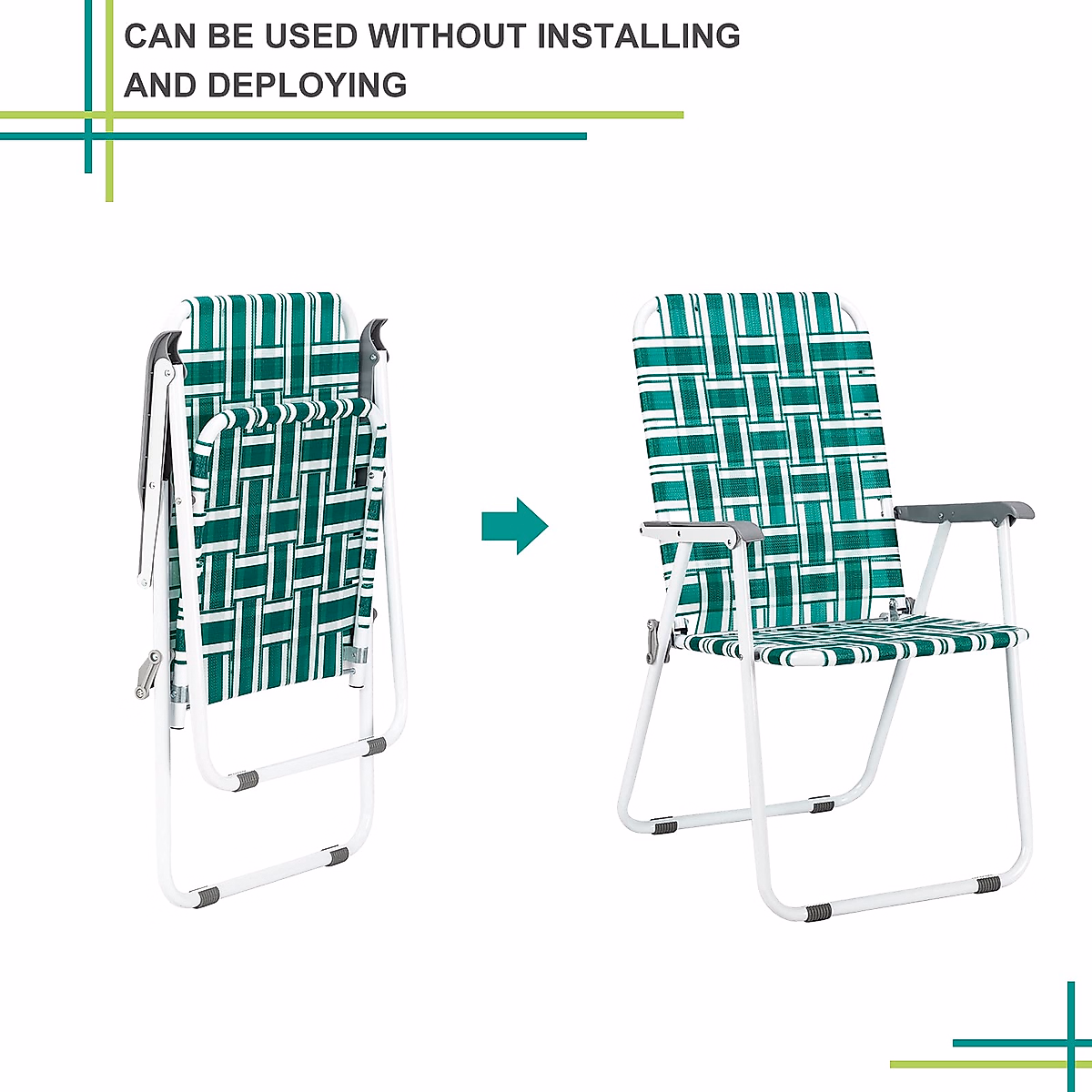 Noyy Webbed Folding Beach Chairs, Set of 2 Portable Lightweight IndoorOutdoor Dining Chairs wStable Steel Frame for Patio, Garden, Bay, Yard, Lawn - Light Green Strip, 55.88 x 55.88 x 95 cm