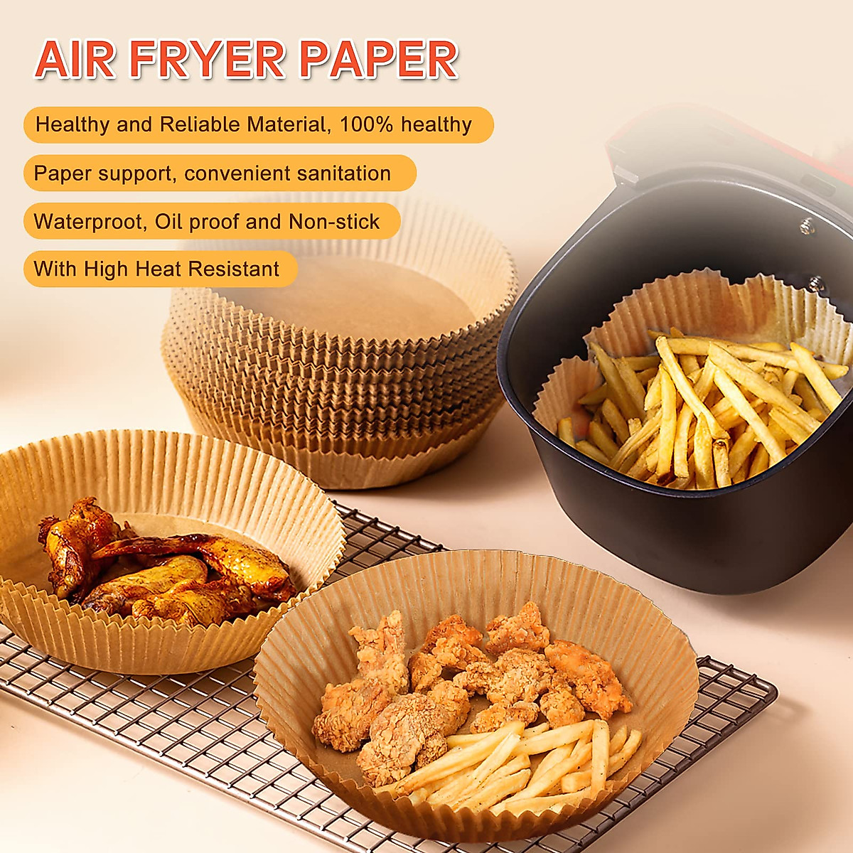 Air Fryer Disposable Paper Liner, Hendoct Air Fryer Liners, 100pcs Parchment Paper Liners for Air Fryer, Non-stick, Oil-Proof Air Fryer Paper Liners (7.9inches)