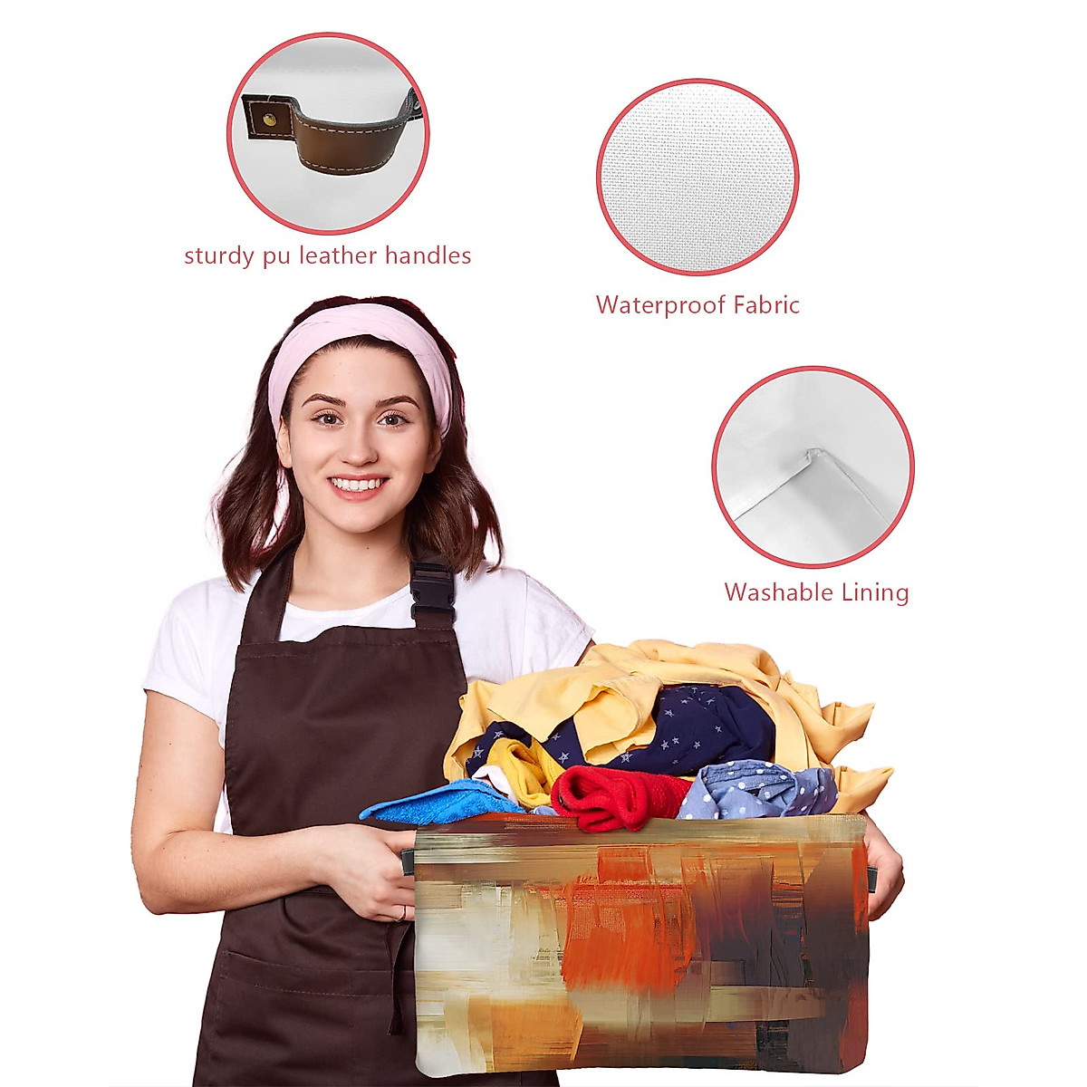 Burnt Orange Storage Basket Waterproof Cube Storage Bin Organizer with Handles, Modern Geometric Oil Painting Abstract Art Collapsible Storage Cubes Bins for Clothes Books Toys 15"x11"x9.5" 1 Pcs