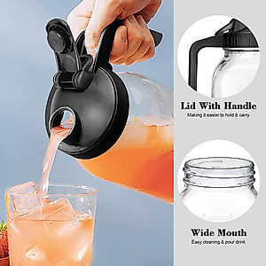 Mason Jar Pitcher with Pour Spout Handle Lid, 64OZ/2 Quart Wide Mouth Glass Pitcher with Airtight Seal Lid, Heavy Duty Pitcher with lid Nice for Breastmilk, Cold Brew Coffee, Iced Tea, Fruit Tea