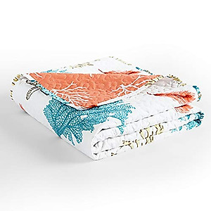 Lush Decor, Blue and Coral Coastal Reef Feather Throw Blanket, 60" x 50", 60" x 50