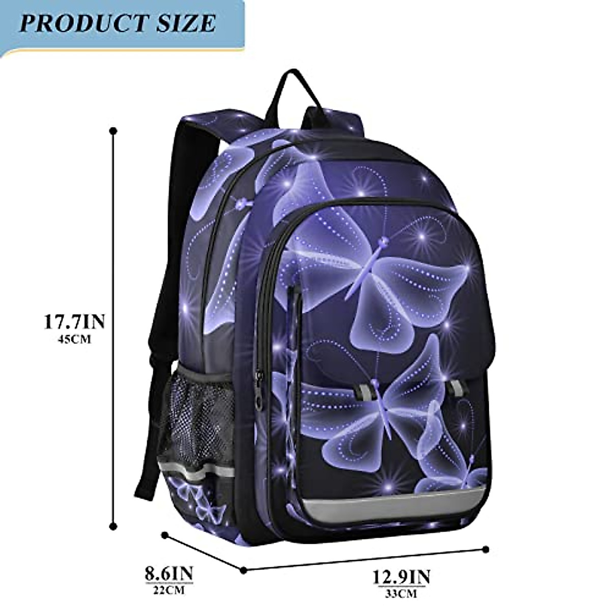 Glaphy Butterfly Blue Backpack School Bag Lightweight Laptop Backpack Student Travel Daypack with Reflective Stripes