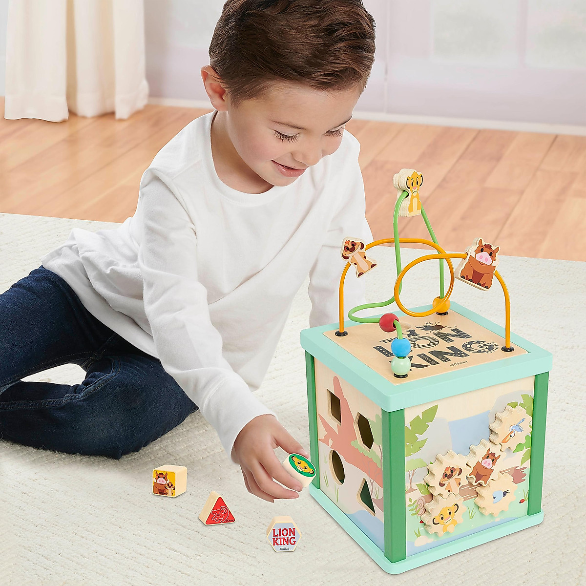 Disney Wooden Toys Lion King Large Activity Cube, Shape Sorting and Maze Puzzle, Learning and Education, Kids Toys for Ages 12 Month by Just Play