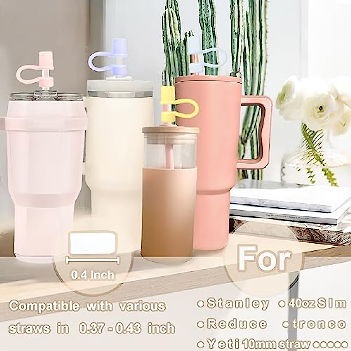 Injourlaif 6Pcs Straw Cover Caps for Stanley Cup, Silicone Straw Topper Tip Stopper fit 30&40 Oz Tumbler with Handle, Dust Proof Decor Accessories for 0.4inch/10mm Drinking Straws