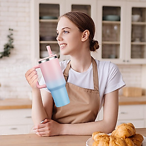 BENZZO 40 oz Tumbler with Handle and Straw - 100% Leak Proof Stainless Steel Travel Cups Insulated for Hot and Cold, Pink Blue Hydro Mug Insulated Tumbler Water Cup for Women Birthday Gifts