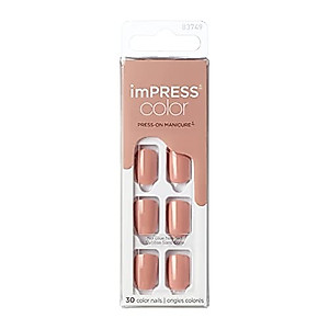 KISS imPRESS Color Press-On Nails, Gel Nail Kit, PureFit Technology, Short Length, Sandbox, Polish-Free Solid Color Manicure, Includes Prep Pad, Mini Nail File, Cuticle Stick, 30 Fake Nails