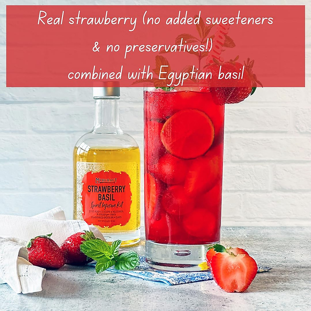 MixCraft Spirit Infusion Kit - Premium Craft Cocktail & Mocktail Mixer, Glass Bottle, Collapsible Funnel, Flavor Pouch & Recipe, Strawberry Basil