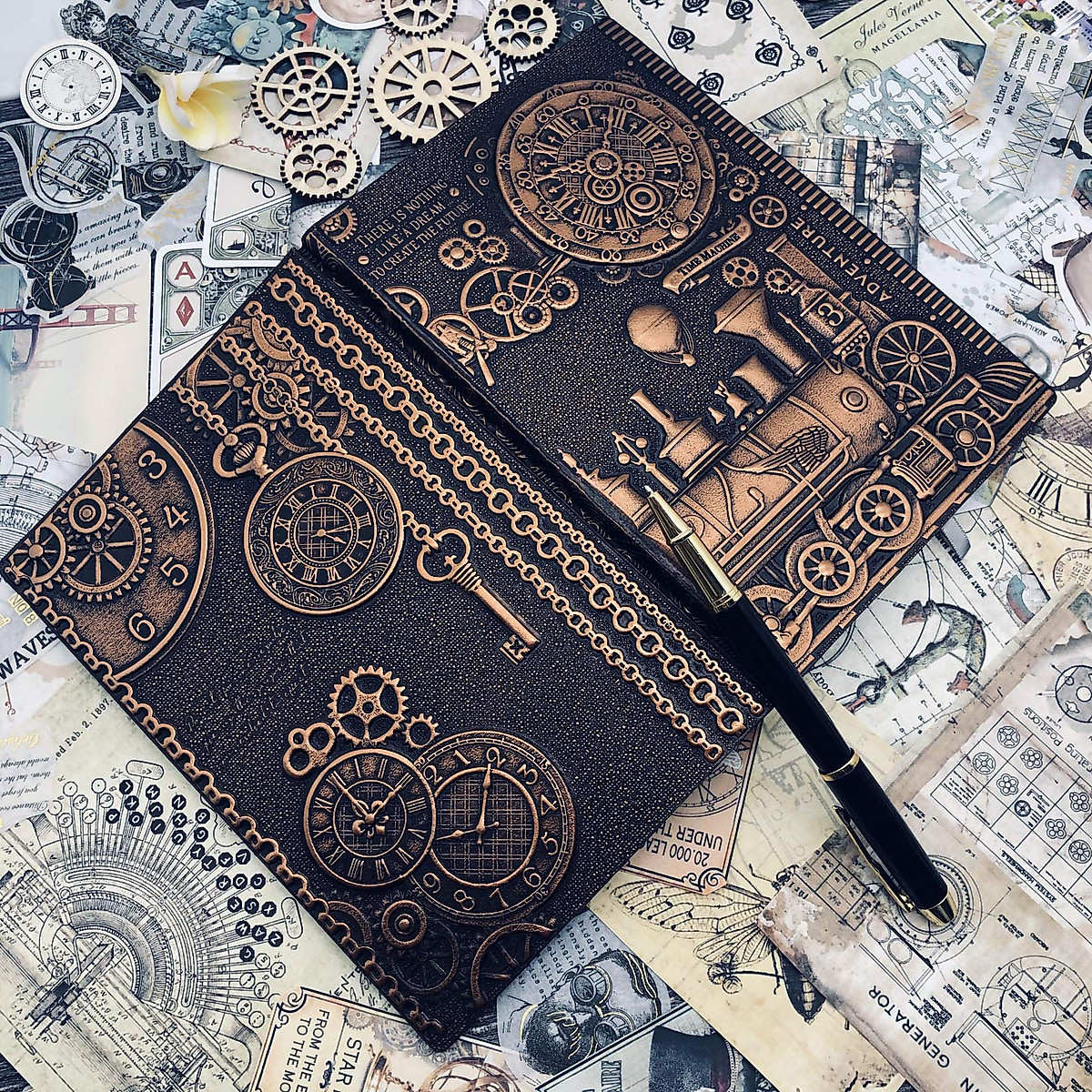 Vintage Train Embossed Leather Writing Journal Notebook with Pen Set,Antique Handmade Daily Notepad Sketchbook,Travel Diary Notebooks to Write in,Gift for Men Women (A5(8.4"*5.7"), RedBronze)