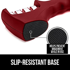Gorilla Grip Easy to Use Knife Sharpener, 3 Sharpening Options to Help Polish, Sharpen and Repair Kitchen Knives, Restore Dull Blades, Slip Resistant Handle, Durable, Professional Chef Quality, Red